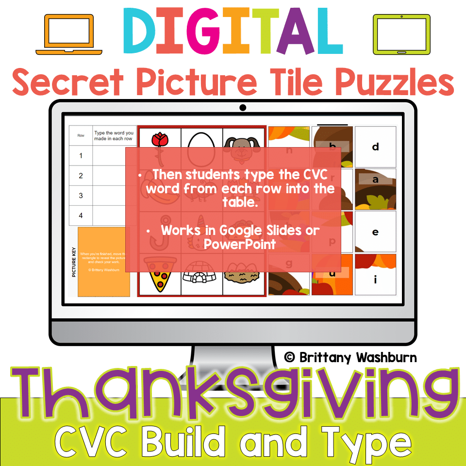 CVC Words Thanksgiving Digital Secret Picture Tile Puzzles