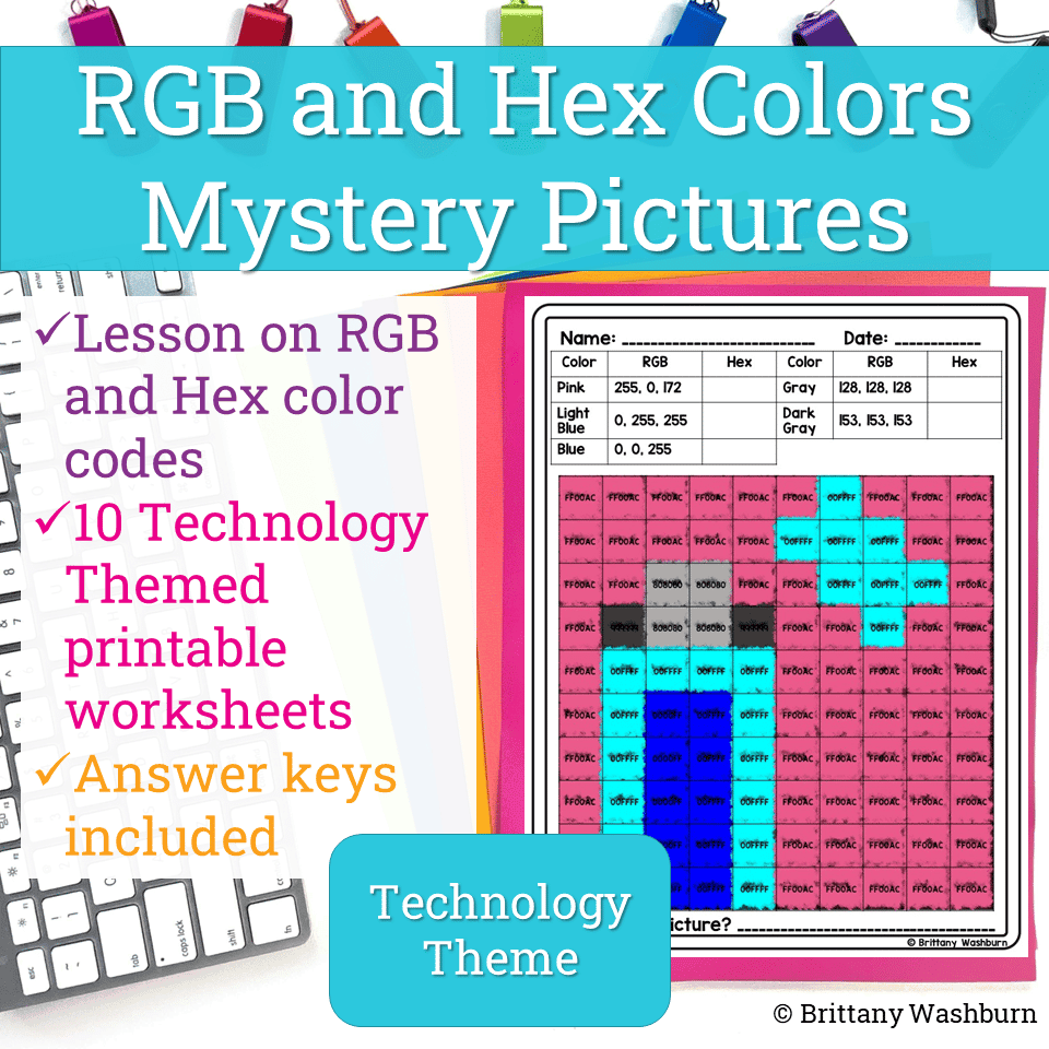 RGB and Hex Code Technology Themed Mystery Picture Worksheets