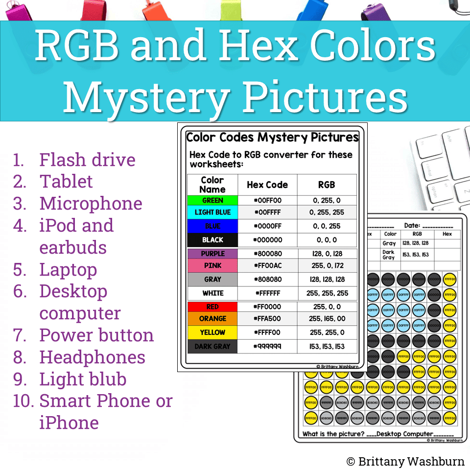 RGB and Hex Code Technology Themed Mystery Picture Worksheets