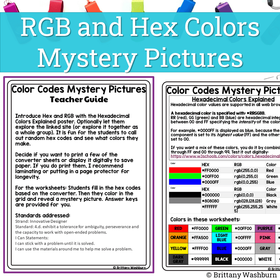 RGB and Hex Code Technology Themed Mystery Picture Worksheets