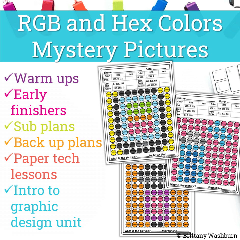 RGB and Hex Code Technology Themed Mystery Picture Worksheets